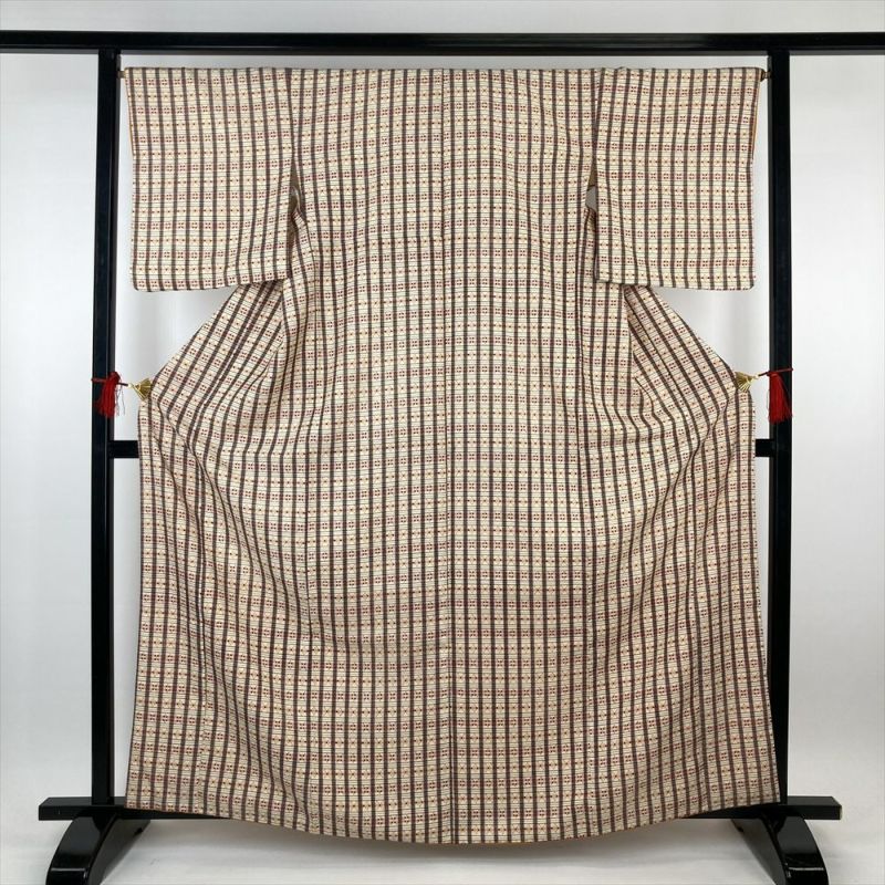（中古）小紋 ベージュ ポリエステル 洗える 変わり格子 袷 M【身丈】161cm 【裄丈】67.5cm