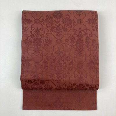 中古）九寸名古屋帯 赤 カジュアル うるし箔調 植物 オリエンタル