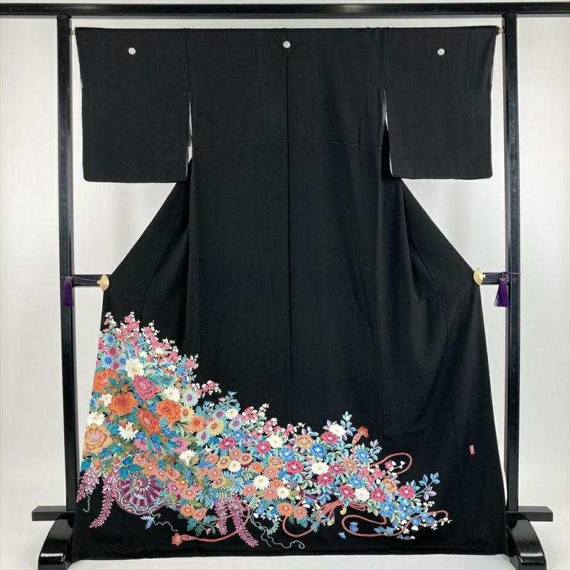（中古） 黒留袖 黒色 フォーマル ちりめん 染め 花車 袷【身丈】167cm【裄丈】67.5cm
